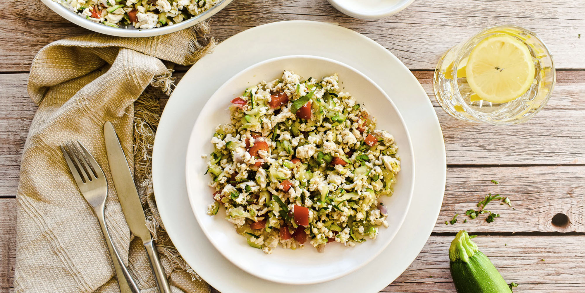 Turkey & Zucchini Hash with Garlic Yogurt Sauce - Yuka